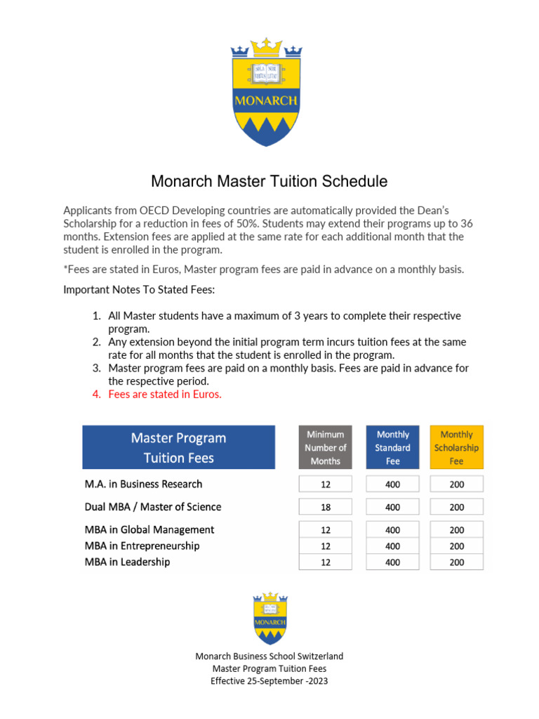 Monarch Master Program Tuition Schedule | PDF
