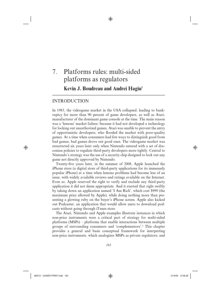Boudreau and Hagiu Platforms Rules Multisided Platforms As Regulators-1 ...