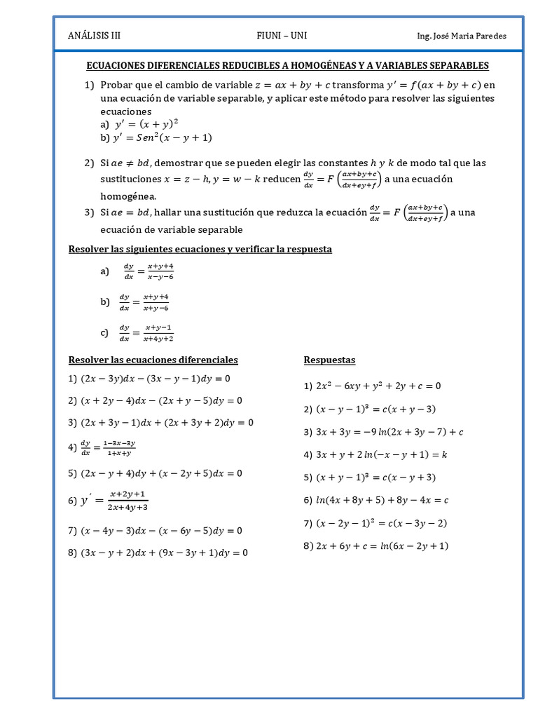 Ecuaciones Diferenciales Reducibles A Homogéneas y A Variables Separables | PDF