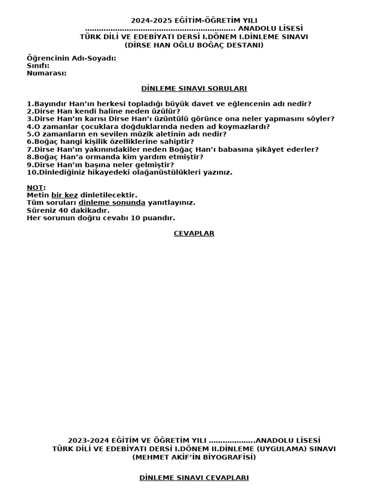 Dede Korkut Hi̇kayeleri̇ Di̇nleme Sinavi Sorulari | PDF