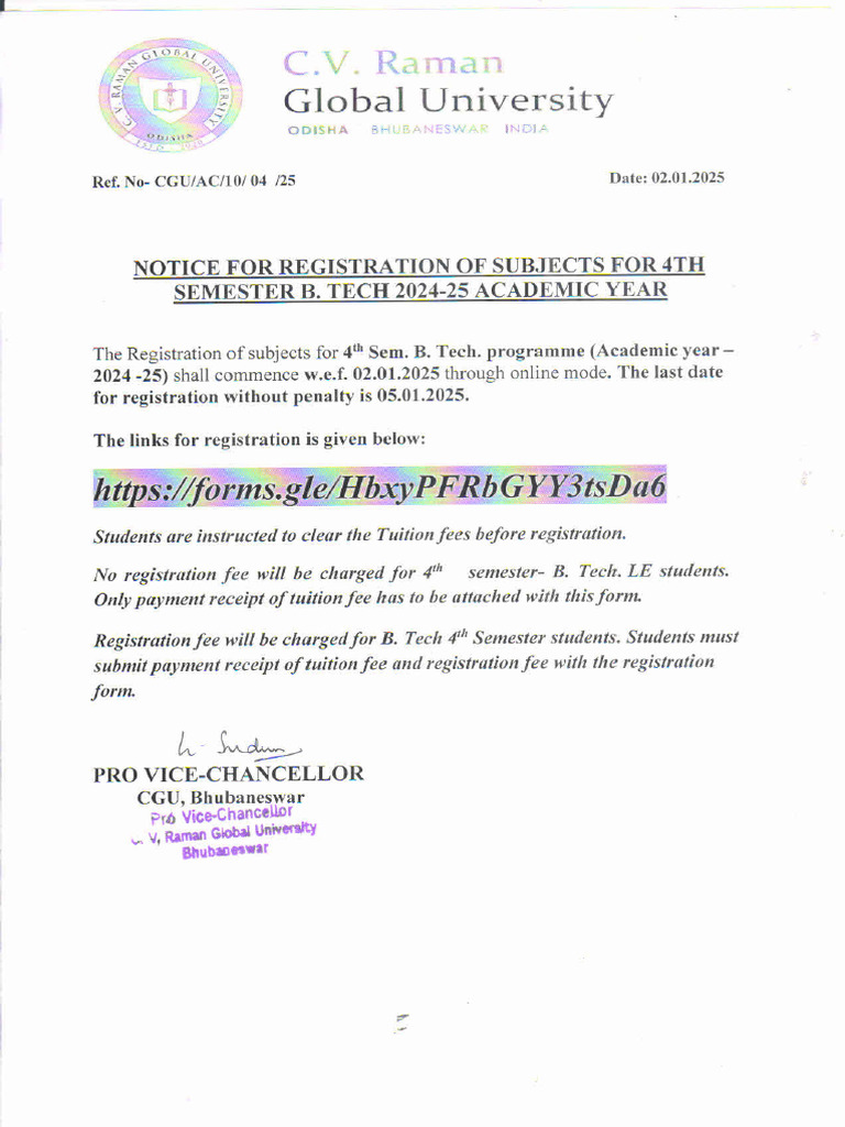 Notice For Registration of Subjects For 4th Semester B. Tech 2024-25 ...