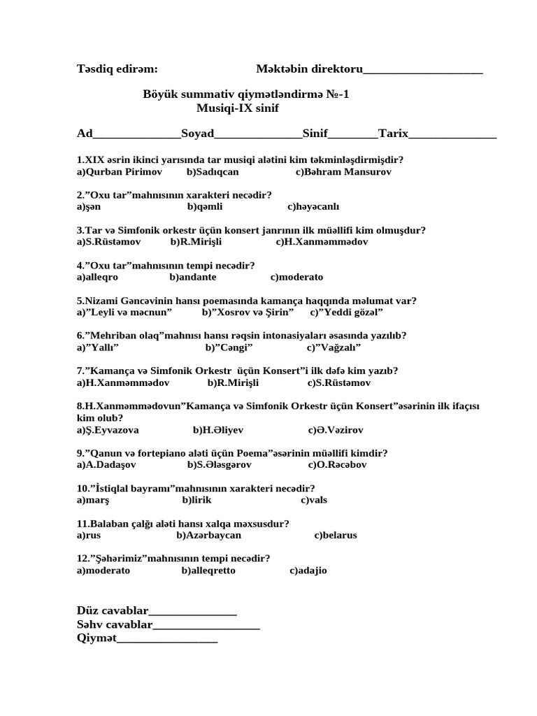 IX sinif Musiqi Bsq 1 | PDF