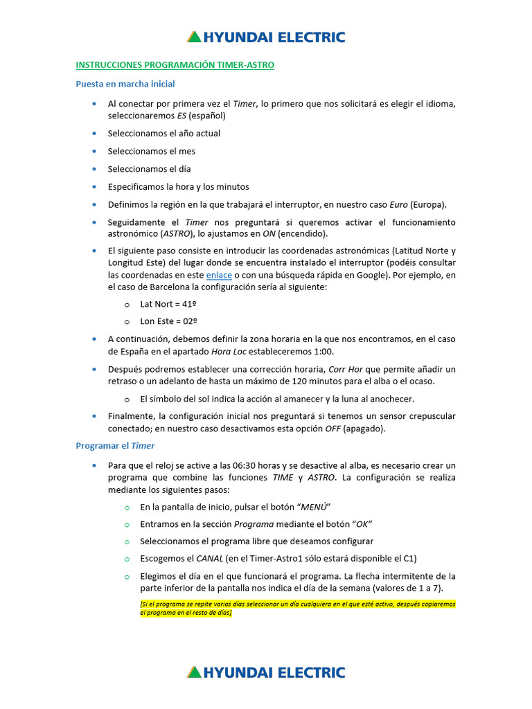 Programación Timer Astro | PDF