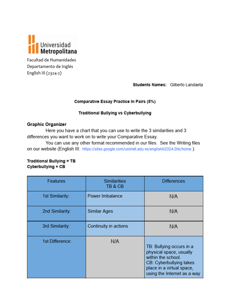 Comparative Essay Practice in Pairs - Graphic Organizer - Gilberto ...