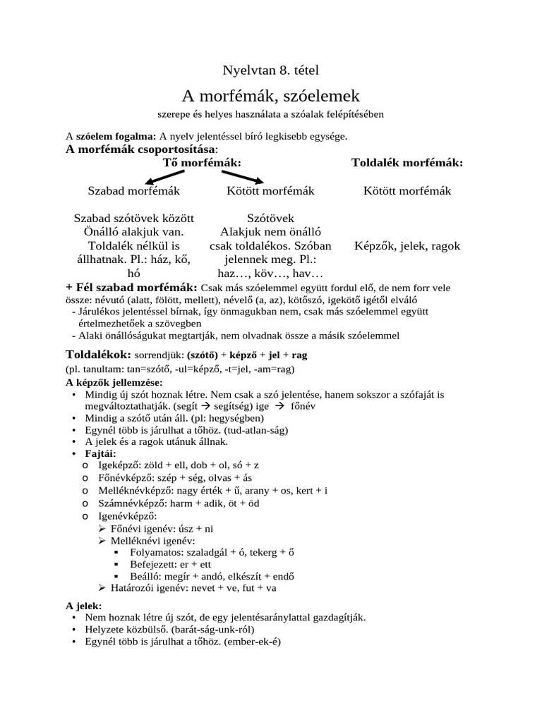 8 A morfémák, szóelemek szerepe és helyes használata a szóalakban | PDF