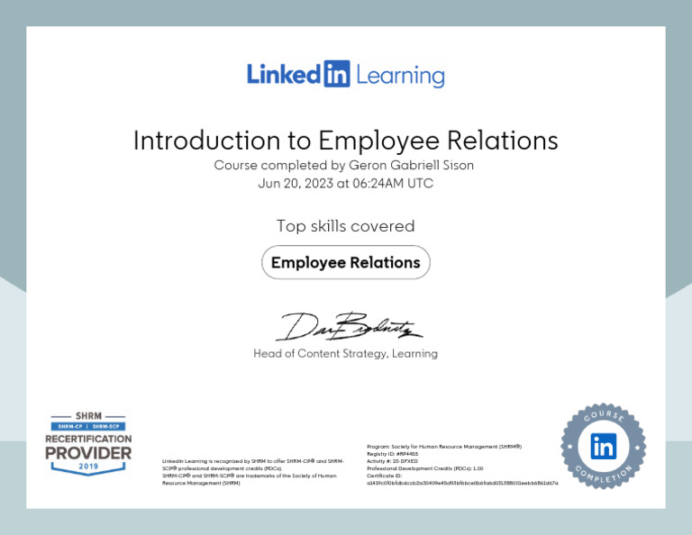 CertificateOfCompletion - Introduction To Employee Relations | PDF