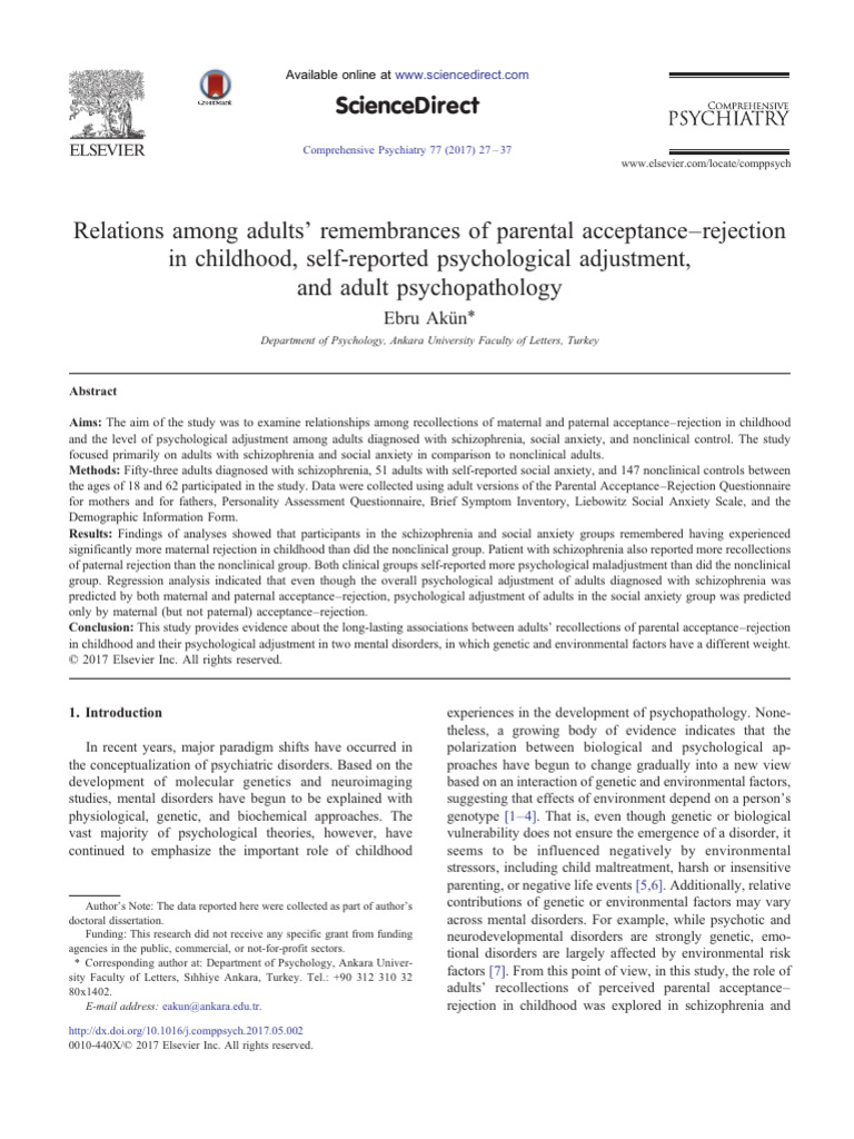 Relations Among Adults' Remembrances of Parental Acceptance-Rejection ...