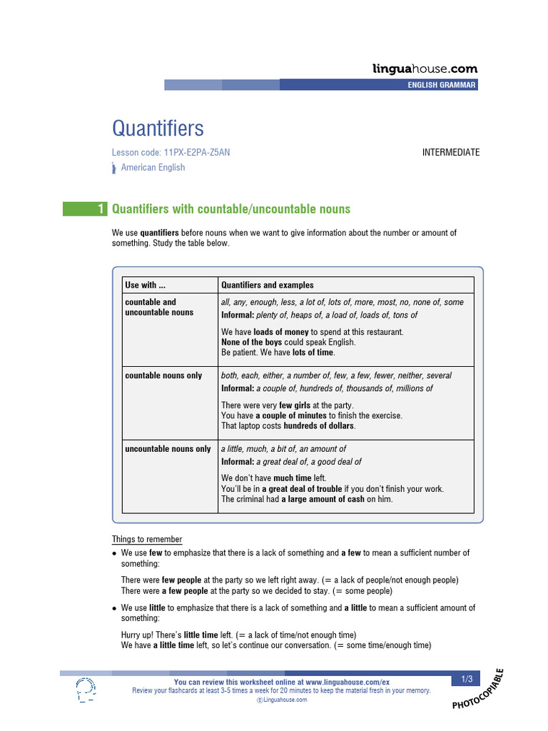 Quantifiers American English Intermediate Group American English Student | PDF | Noun | English ...