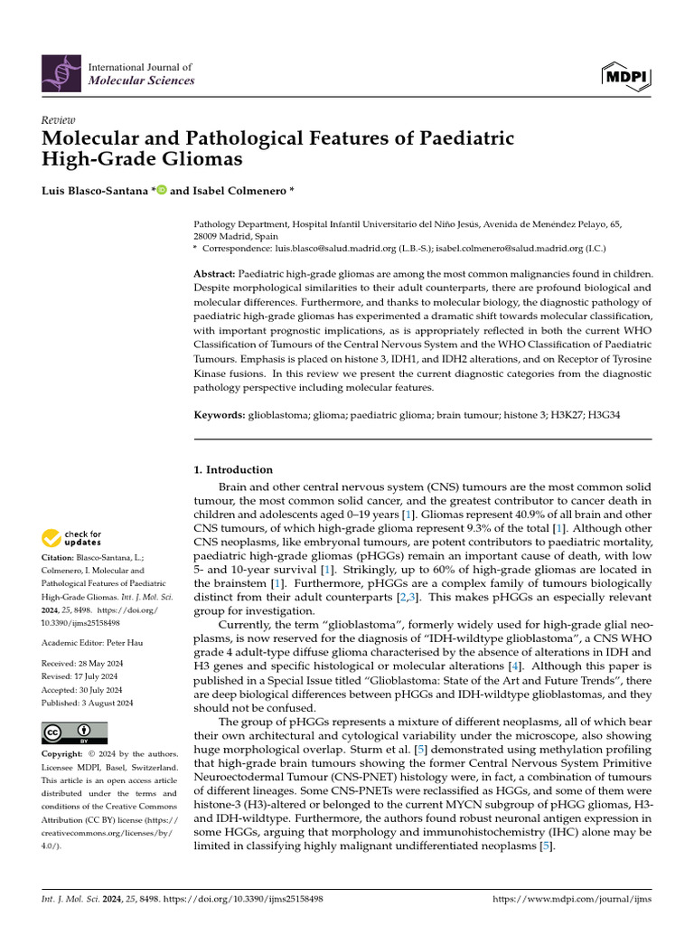 Molecular and Pathological Features of Paediatric | PDF | Glioma | Biochemistry