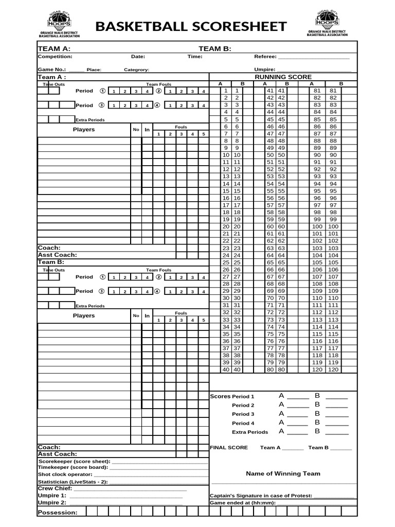 Official Basketball Scoresheet Template | PDF | Referee | Team Sports