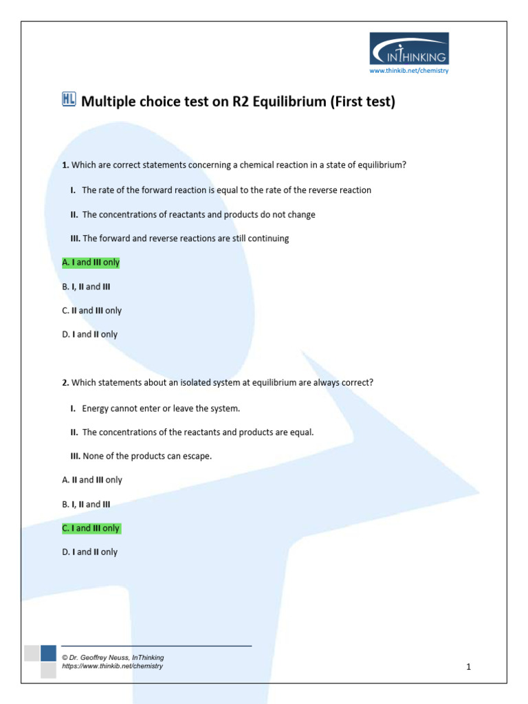 HL MC Test r2 Equilibrium (First Test) | PDF | Chemical Equilibrium ...