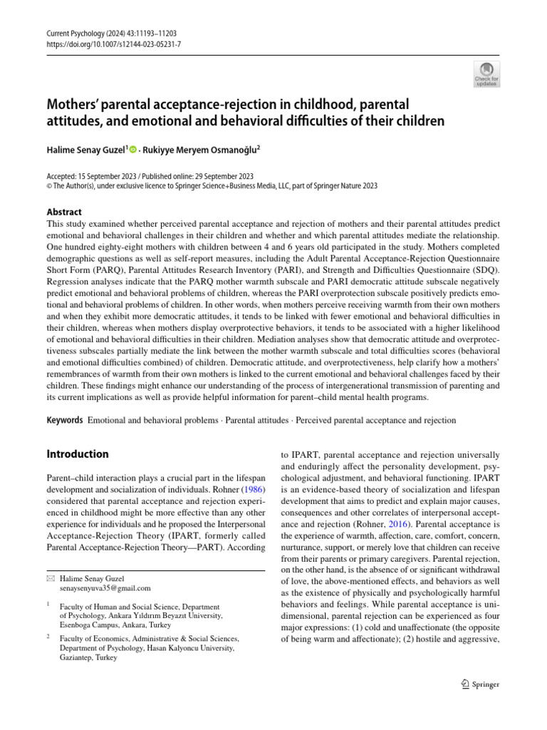 Mothers' Parental Acceptance Rejection in Childhood, Parental | PDF | Parenting | Attitude ...