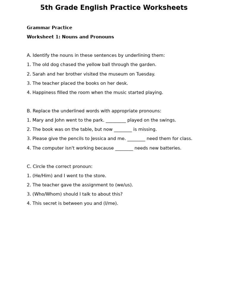 5th Grade English Practice Worksheets | PDF | English Language ...