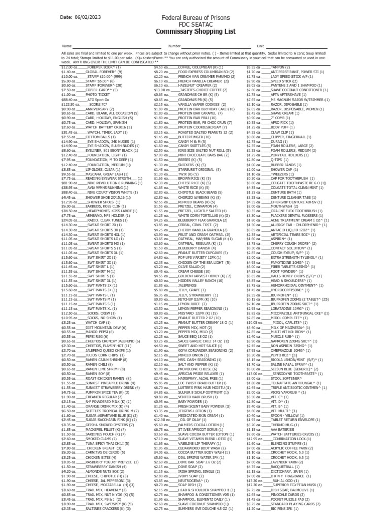 Federal Bureau of Prisons Commissary List | PDF | Potato Chip | Topical ...