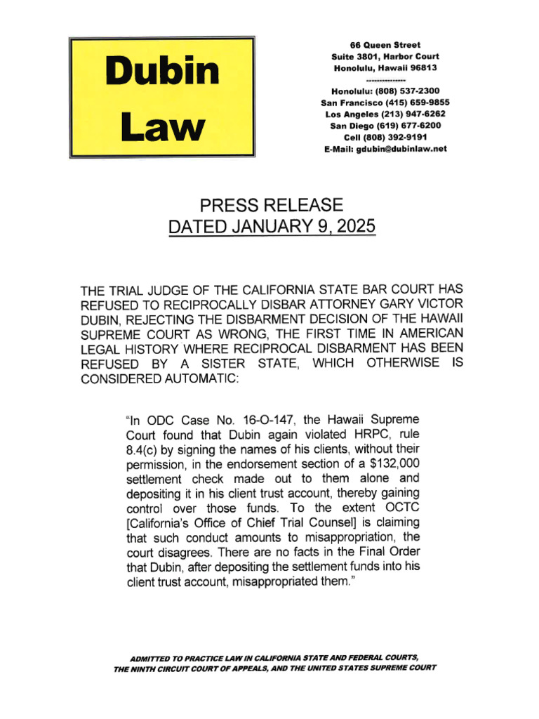 Attorney Gary Dubin Cleared of Disbarment Charge in California | PDF