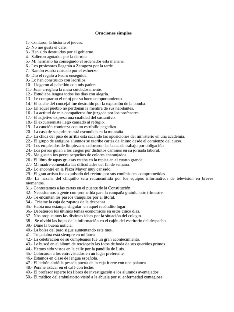 Ejemplos de oraciones simples en español | PDF