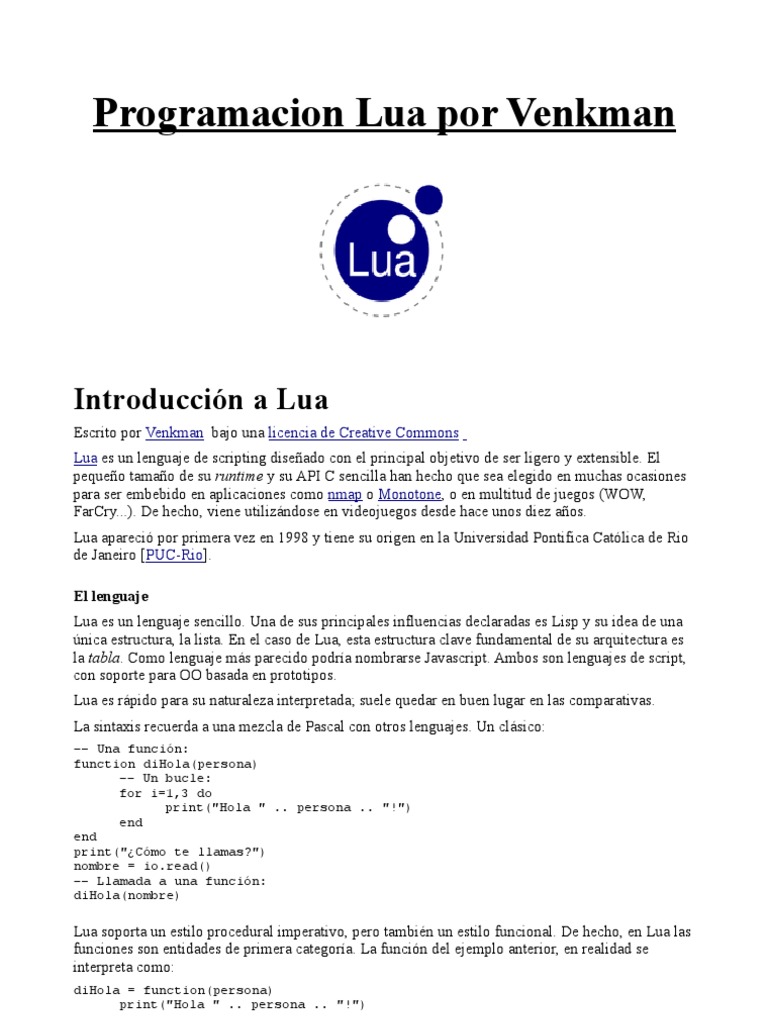 Programacion Lua Por Venkman | PDF | Lenguaje de programación | Objeto ...