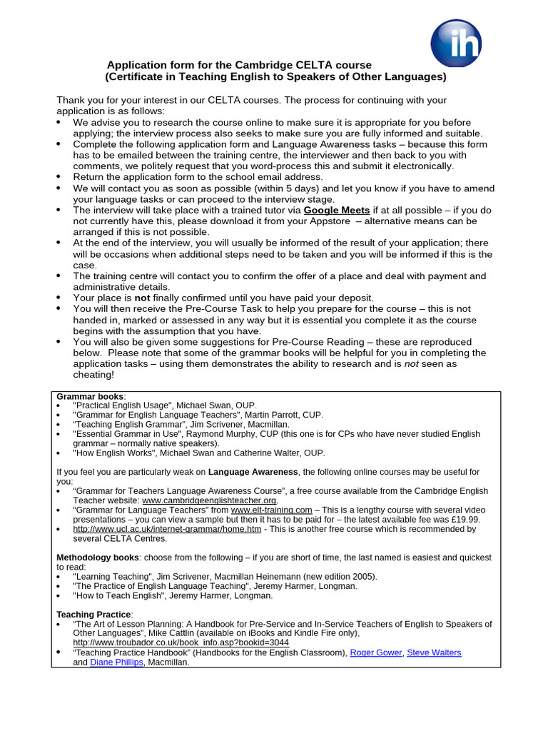 Application Form (1) CELTA | PDF | Teachers | Learning