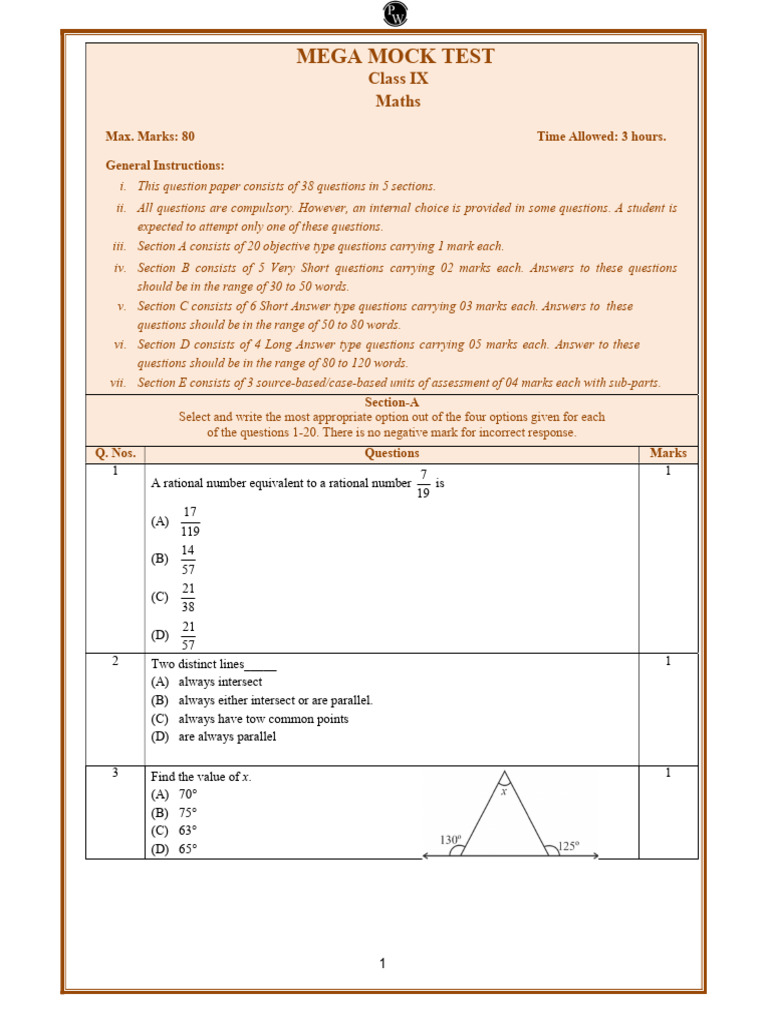 Class IX Maths Mega Mock Test | PDF | Cartesian Coordinate System ...