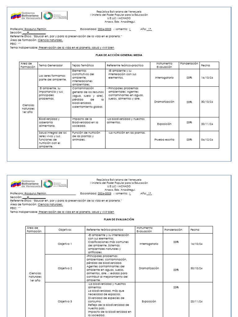 Plan de Acción y Eval. I Ccs. Naturales 1er Año | PDF | Biodiversidad | Entorno natural