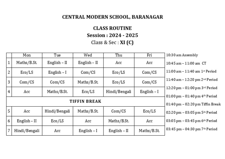 Central Modern School, Baranagar Class Routine Session: 2024 - 2025 | PDF