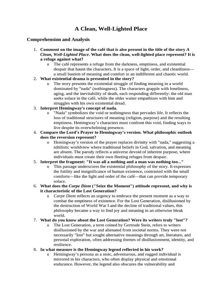 Hemingway's "A Clean, Well-Lighted Place" Analysis | PDF ...