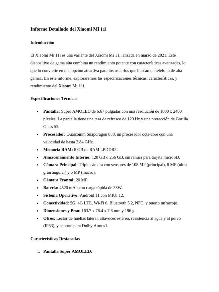 Informe Detallado del Xiaomi Mi 11i | PDF | Smartphone | Microprocesador