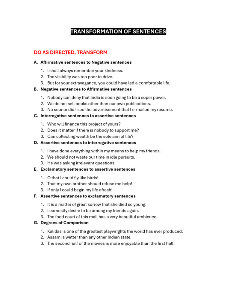 WS1 Transformation of Sentences | PDF
