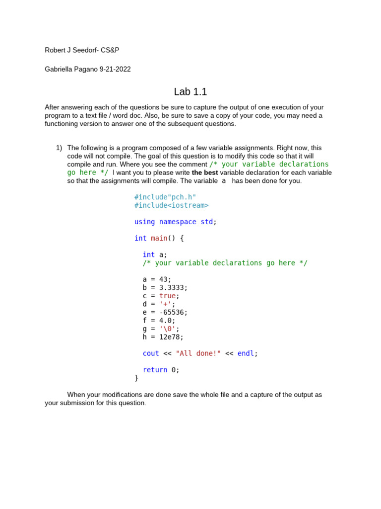 Lab 1.1 | PDF | Namespace | Computer Programming