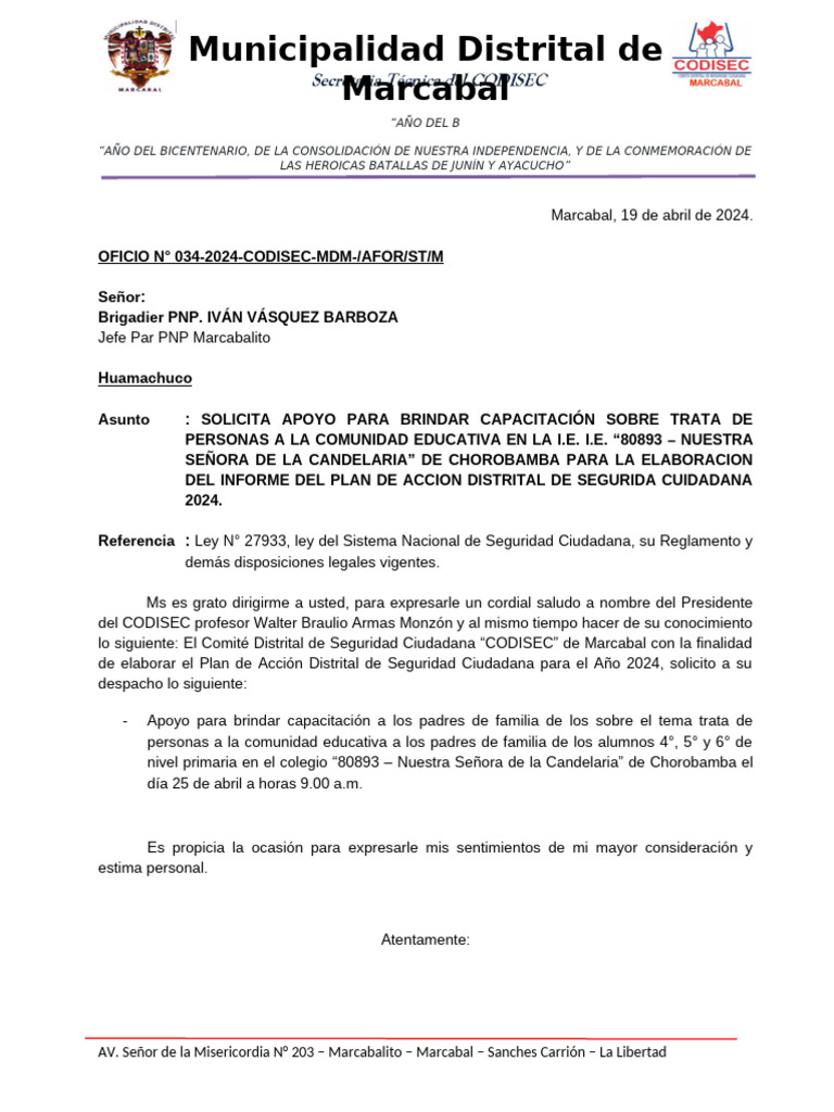 OFICIO CODISEC - 2024 034 A PNP Solicito Capacitacion de Trata de Personas CHOROBAMBA - PRIMARIA ...
