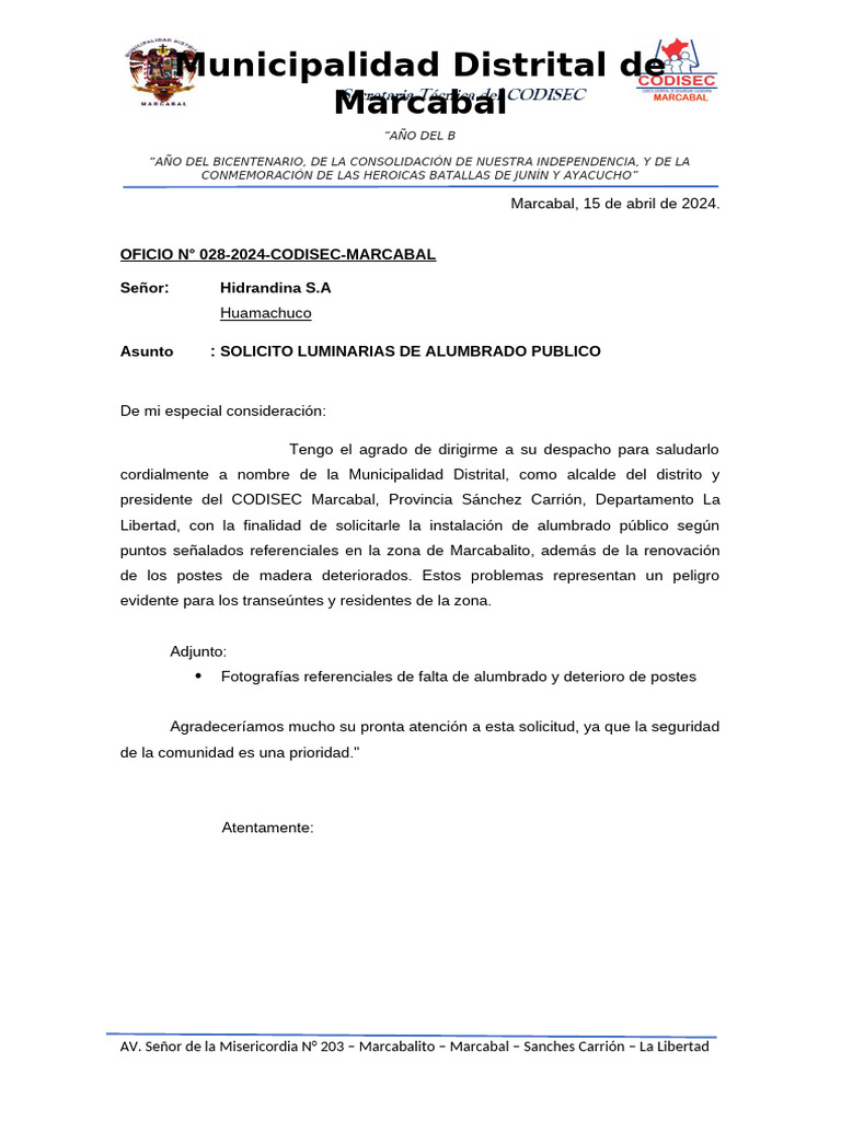 Oficio Codisec - 2024 028 A Hidrandina Hco Solicita Alumbrado Publico | PDF
