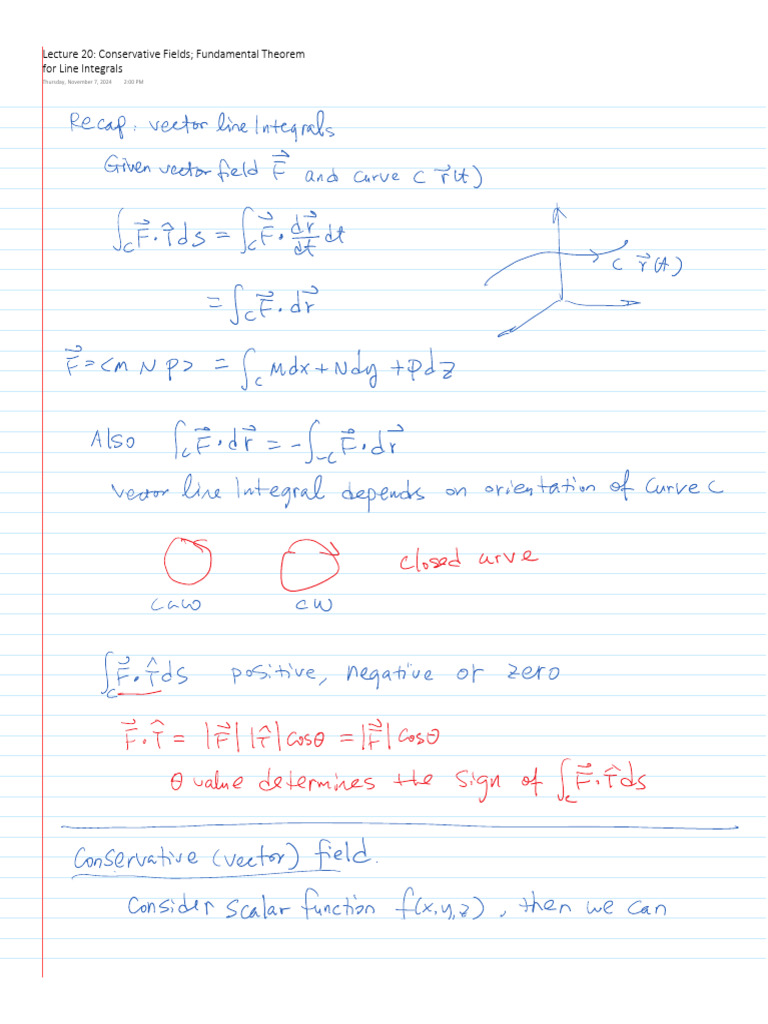 Calc 3 01-Lecture 20 Conservative Fields Fundamental Theorem for Line Integrals | PDF