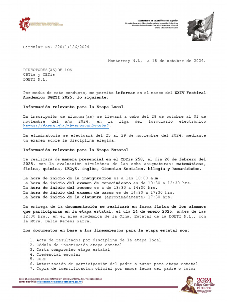 Circular 126 XXIV Festival Academico DGETI 2025 | PDF