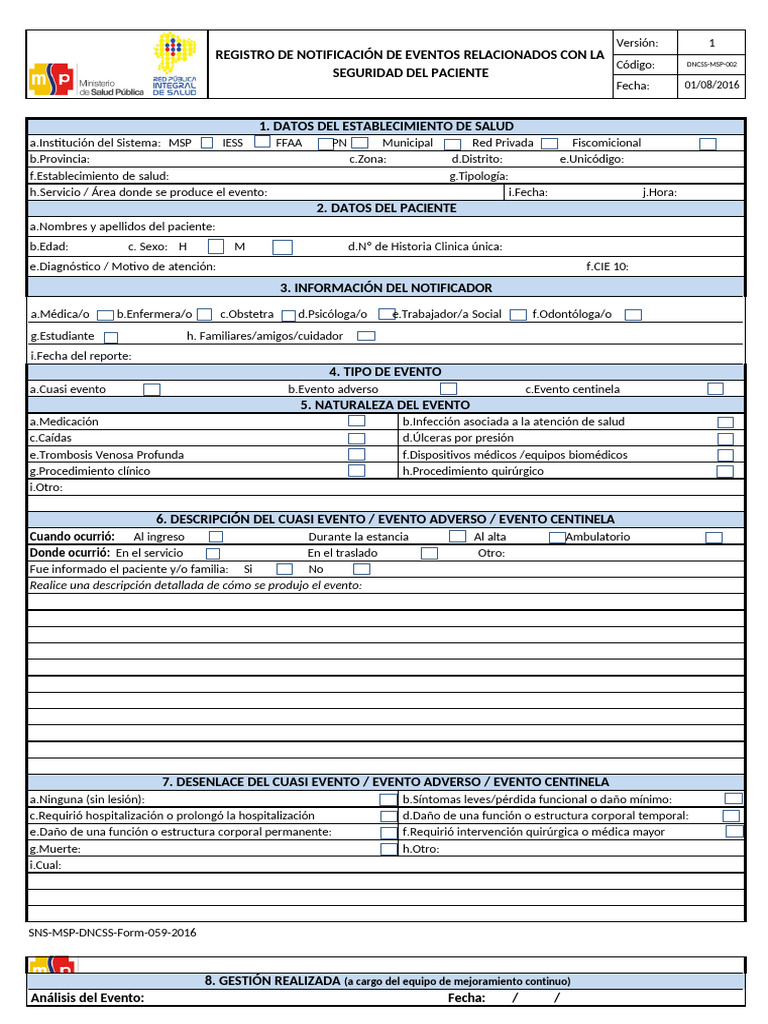 Formulario 059 Registro Notificacion Eventos Seguridad Del Paciente | PDF | Hospital | Seguridad ...