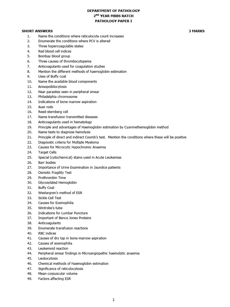 Pathology Paper I - 3 Marks | PDF | Anemia | Cytopathology