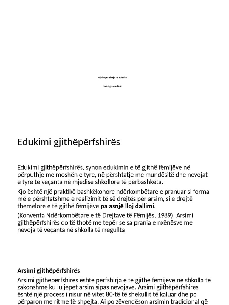 Gjithëpërfshirja Në Edukim: Sociologji e Edeukimit | PDF