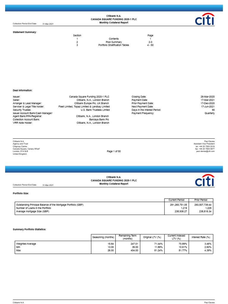 Citibank N.A. Canada Square Funding 2020-1 PLC Monthly Collateral Report | PDF | Collateralized ...