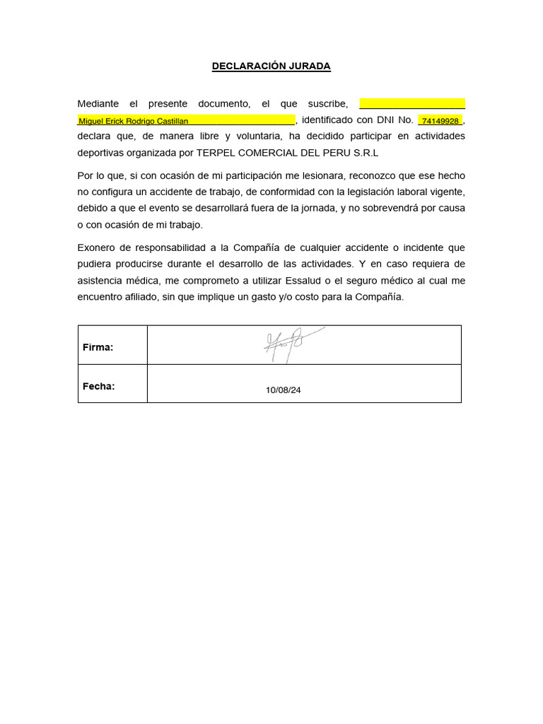Formato Declaración Jurada | PDF