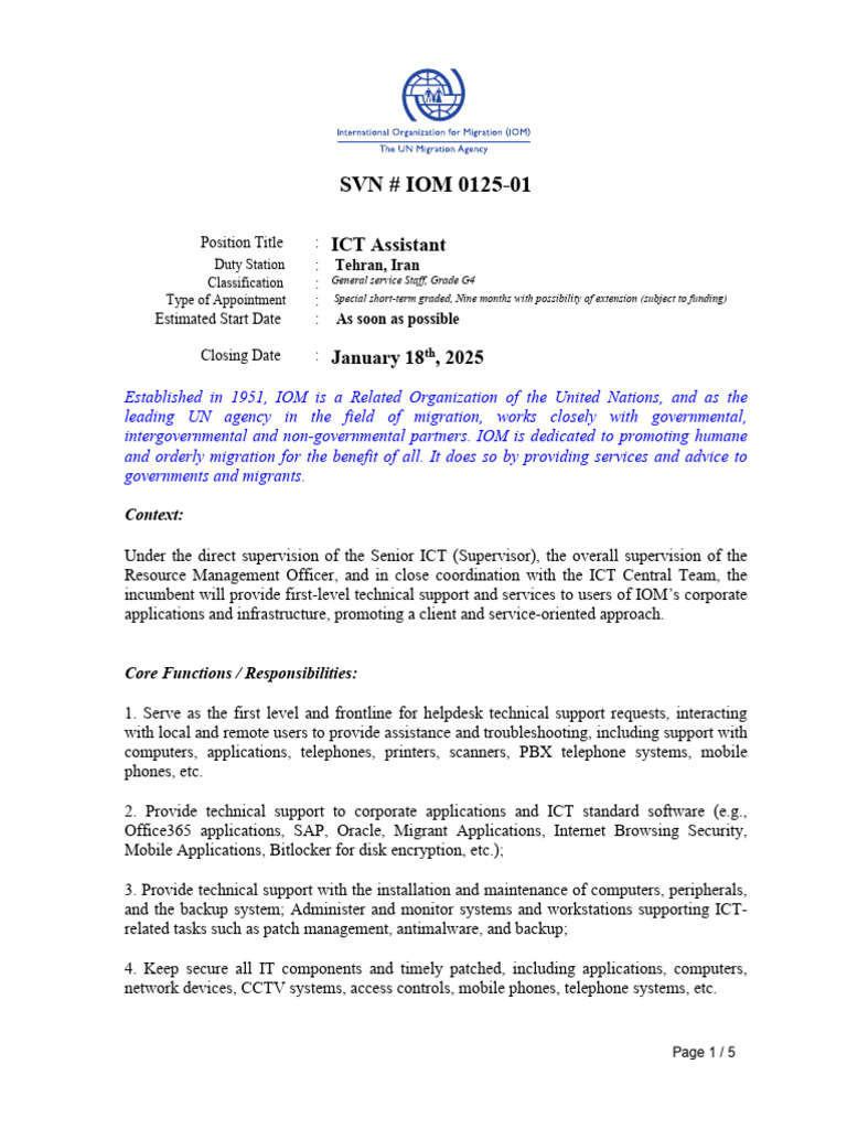 01 - SVN # IOM 0125-01 ICT Assistant (1) | PDF | Computer Network | Cloud Computing
