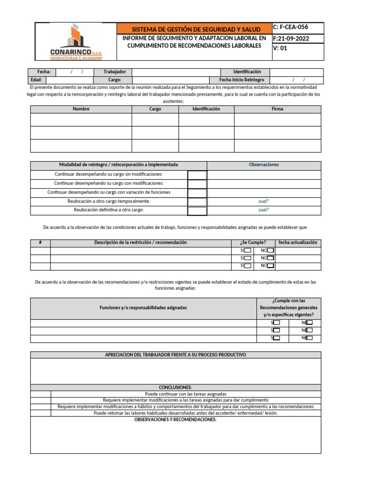 F-CEA-056 Acta de Seguimiento Reintegro | PDF