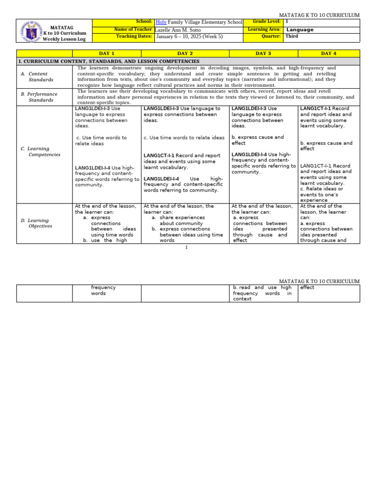 DLL Matatag - Language 1 - Q3 - W5 | PDF