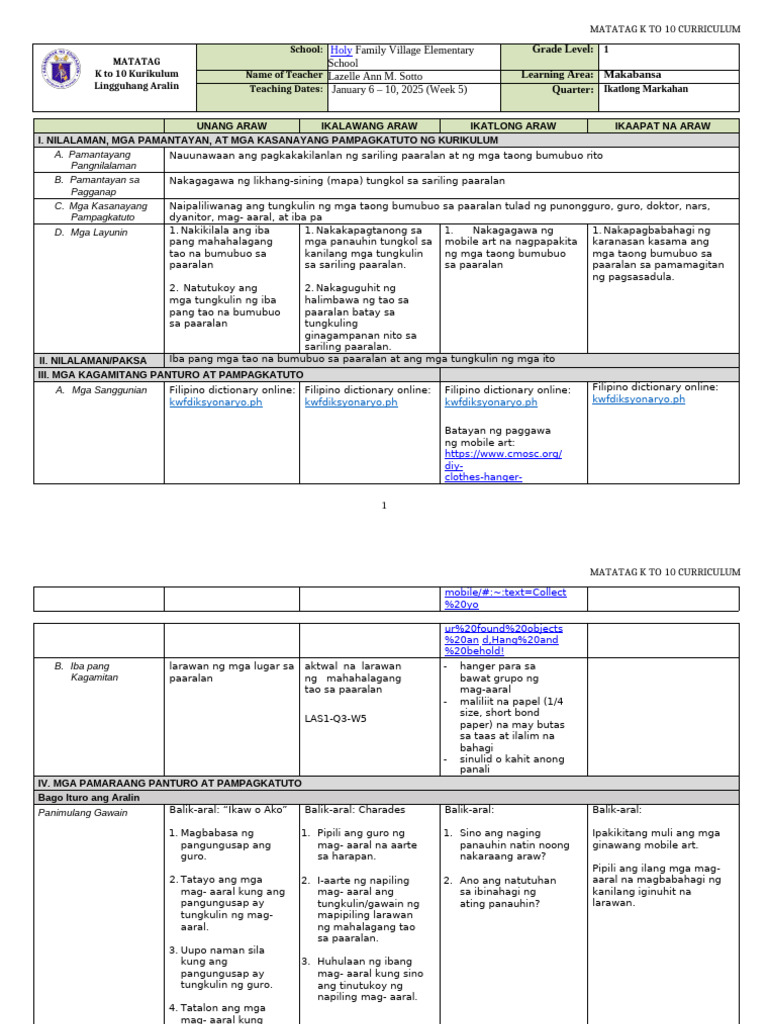 DLL Matatag - Makabansa 1 - Q3 - W5 | PDF