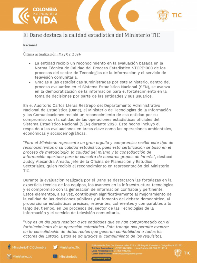 El Dane Destaca La Calidad Estadística Del Ministerio TIC | PDF ...
