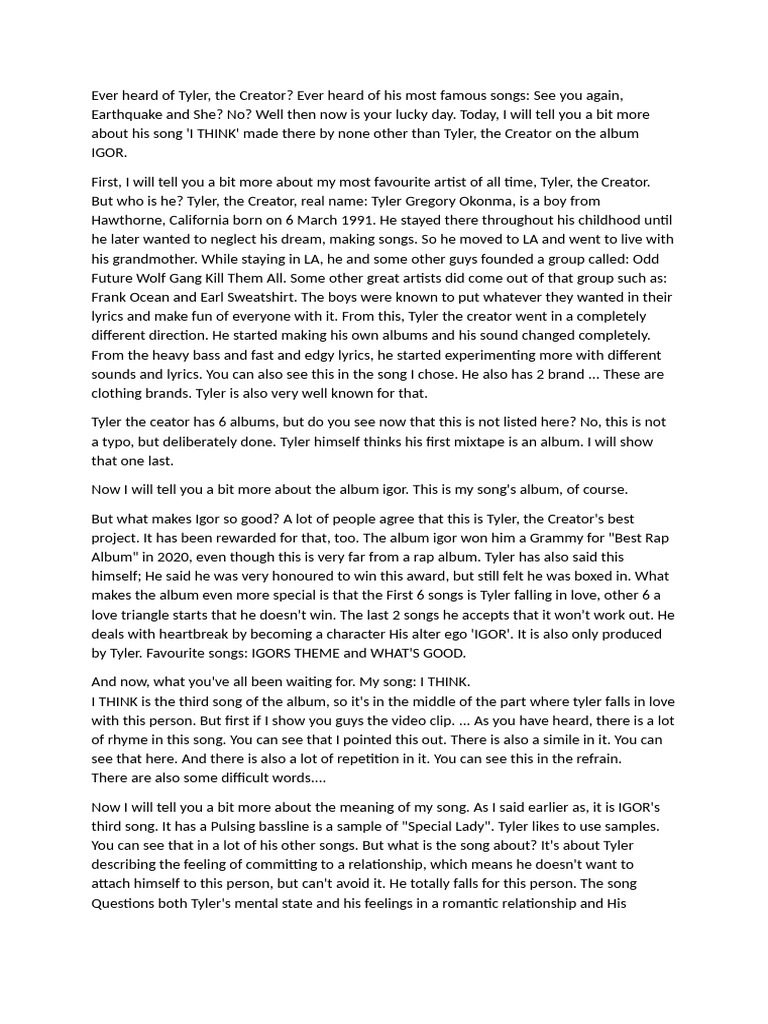 Tyler, the Creator's "I THINK" Analysis | PDF | Recorded Music | Albums