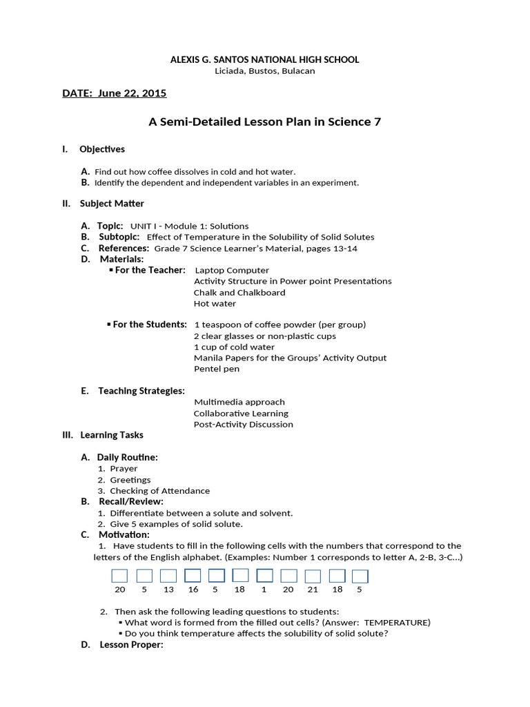 Activity 5 - SEMI-DETAILED LESSON PLAN | PDF | Water | Solubility
