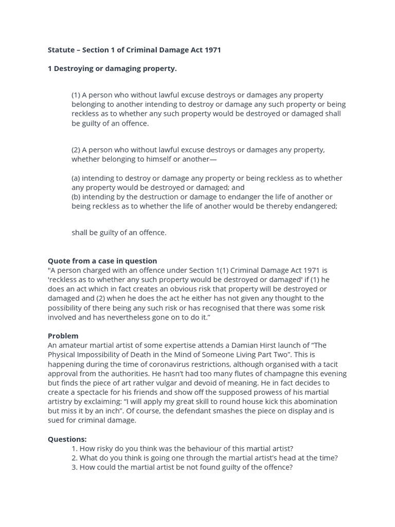 Statute – Section 1 of Criminal Damage Act 1971 | PDF