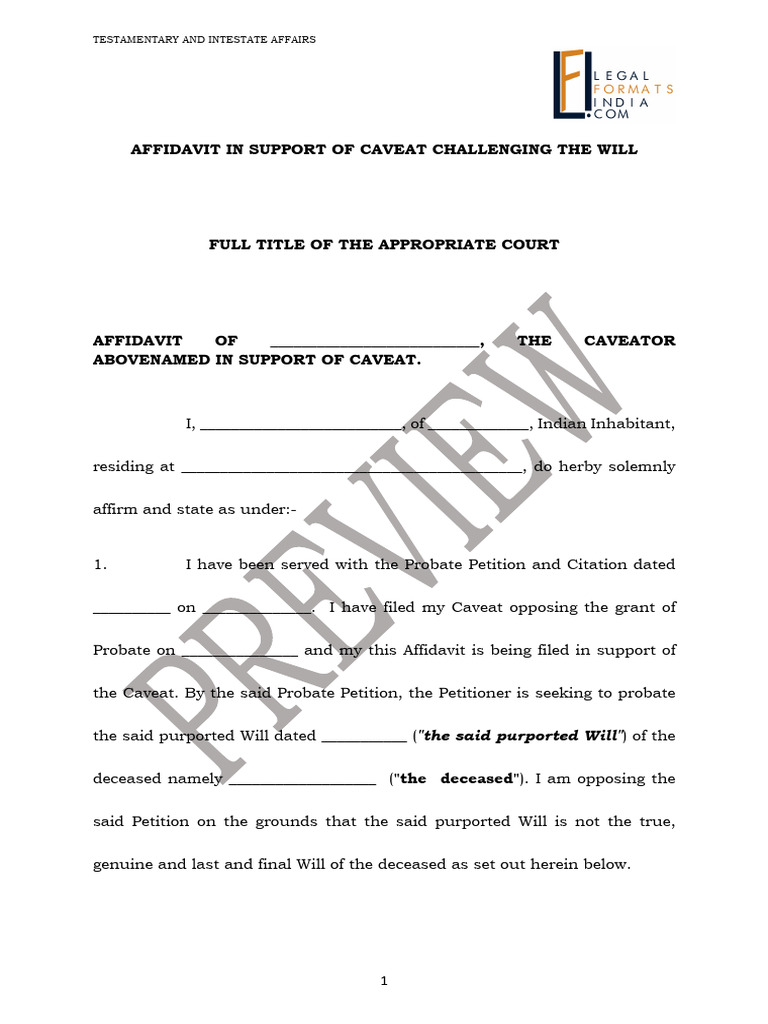 Affidavit in Support of Caveat Challenging The Will Sample | PDF | Will ...