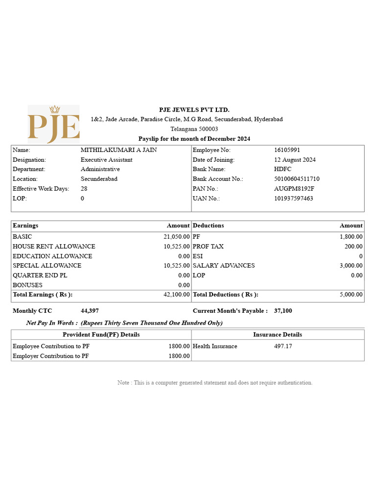 December 2024 Payslip for Mithilakumari Jain | PDF | Factor Income ...
