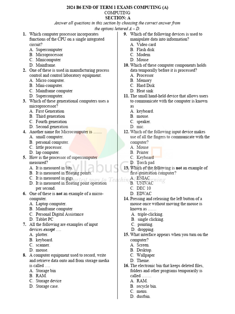 2024 B6 End of Term 1 Exams Computing (A) | PDF | Microcomputers | Central Processing Unit