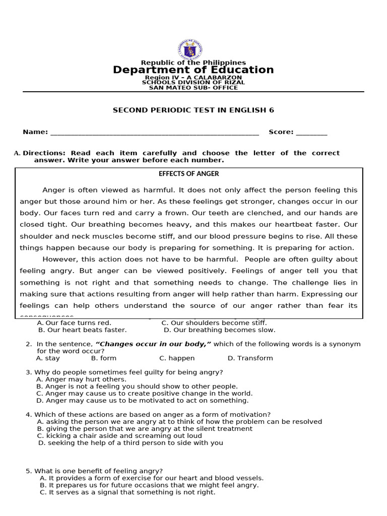 2nd PT ENGLISH 6 SY 2023 2024 | PDF | Anger | Soap